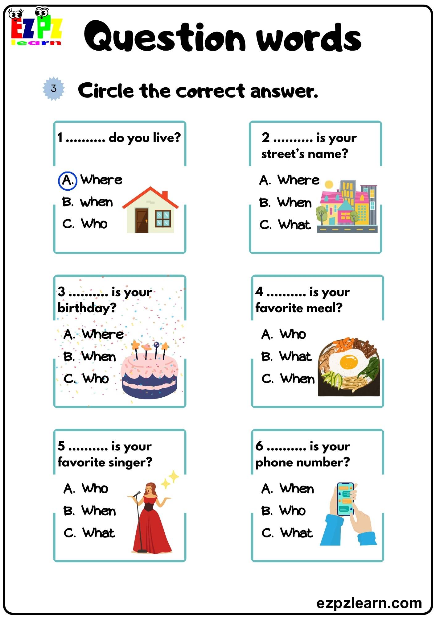 Question Words Look at the Images then Circle and Write Correct Words Grammar Exercise Bk1 Free ...